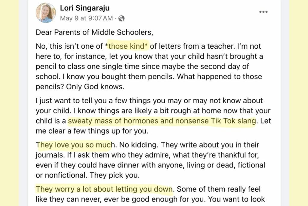 A teacher's letter to parents of middle schoolers goes viral - ParentsTogether